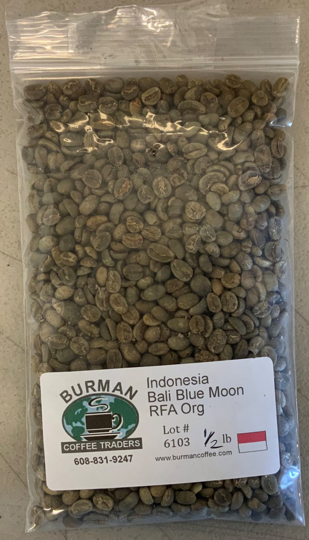 Half Pound Indonesian Bali Blue Moon RFA Org. | Burman Coffee